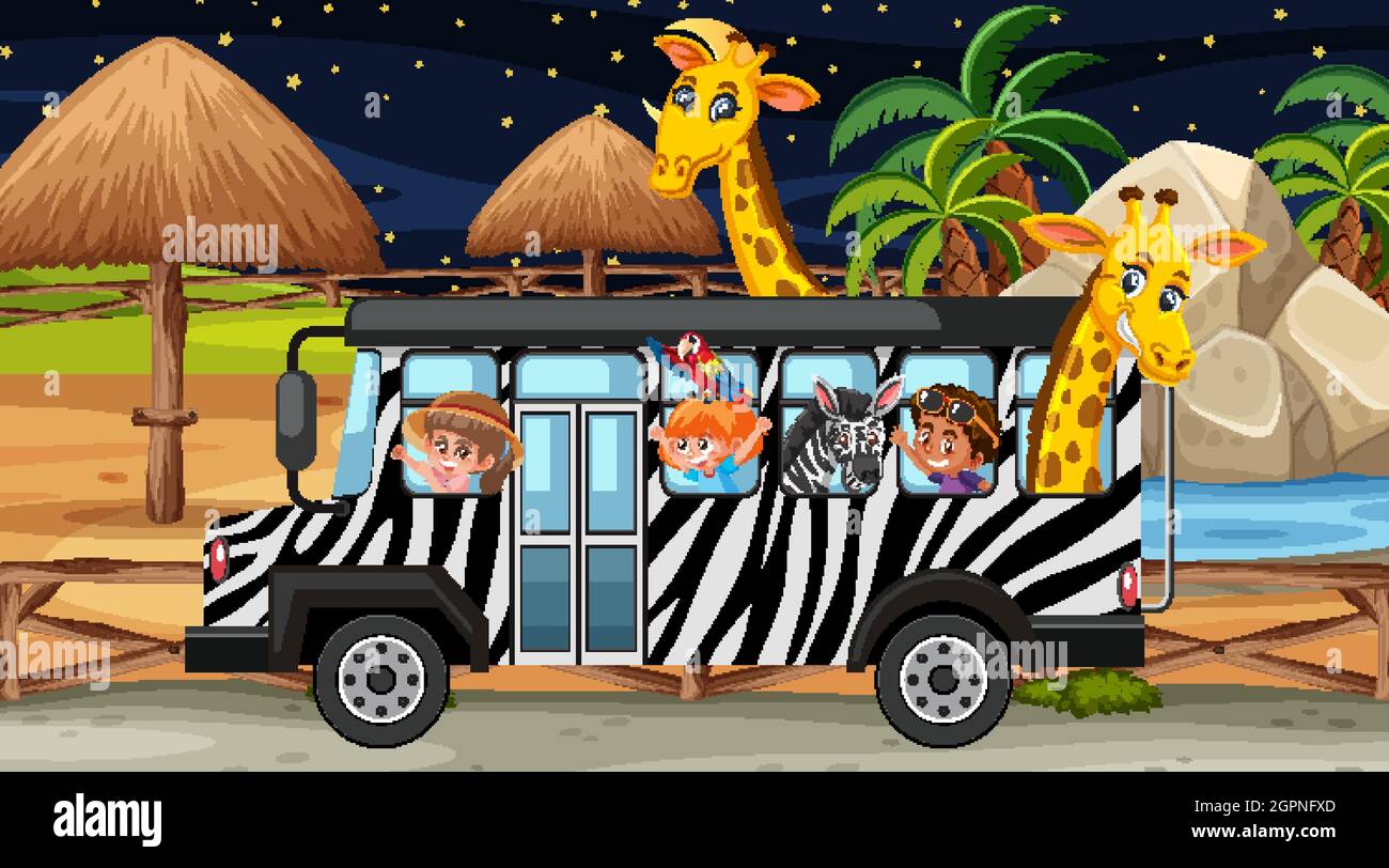 Safari at night scene with children and animals on the bus illustration ...