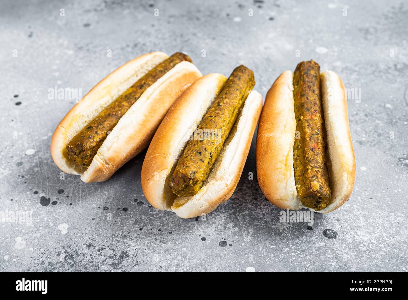 Vegan hot dog with meatless Vegetarian sausage. Gray background. Top ...