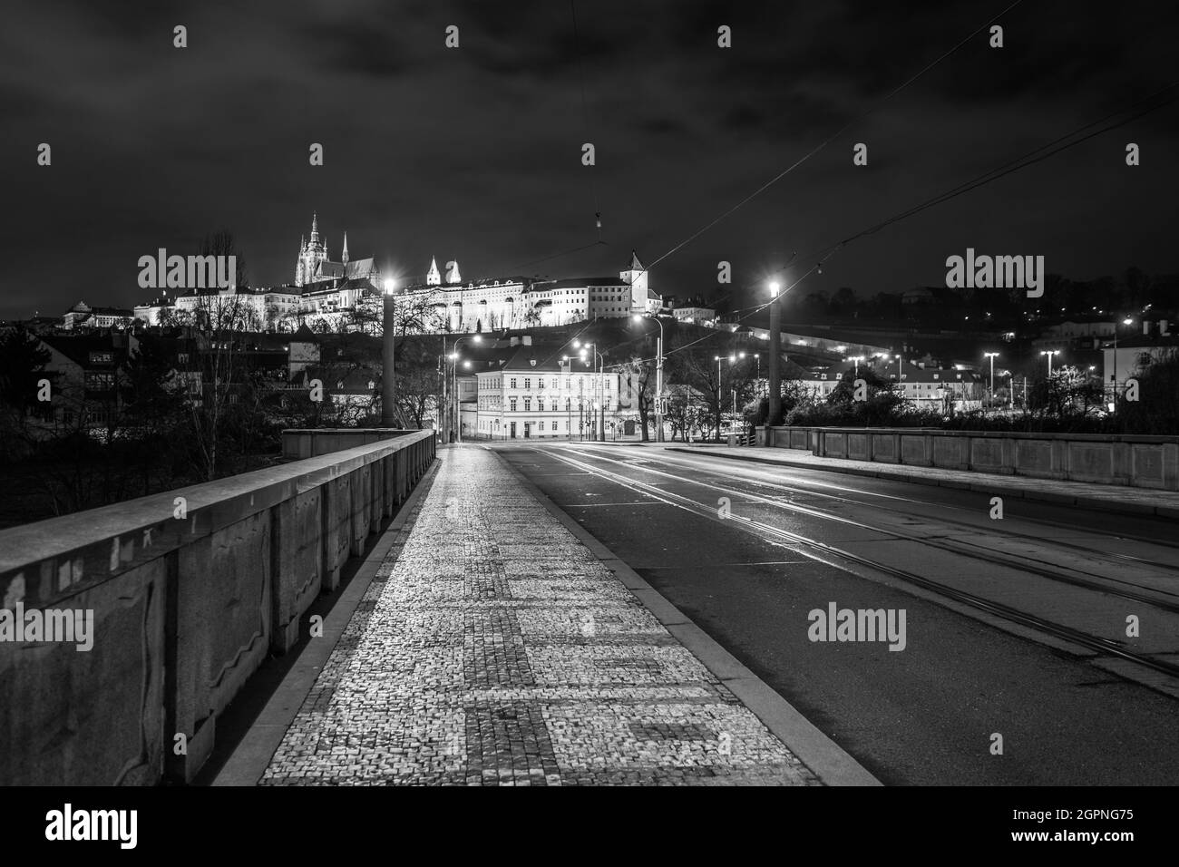 Illuminated Prague Castle by night. View from Manes Bridge. Prague ...