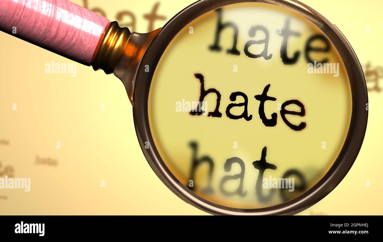 Hate - abstract concept and a magnifying glass enlarging English word ...