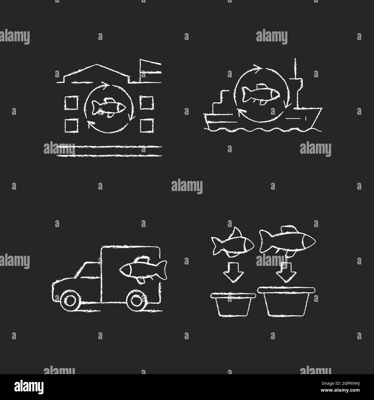 Fish processing and transportation chalk white icons set on dark ...
