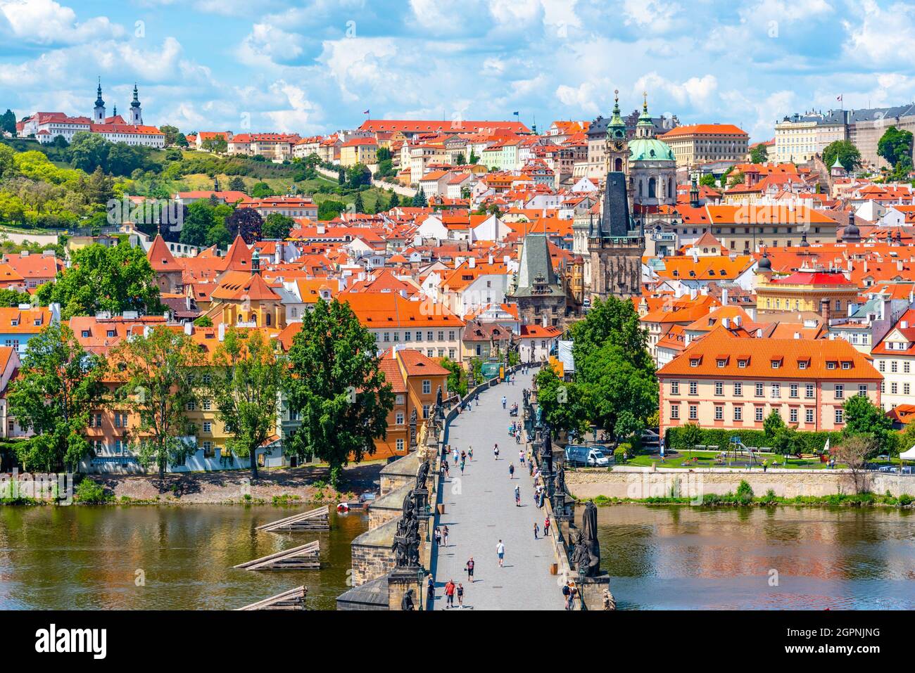 Prague panorama with Charles Bridge over Vltava River and Lesser Town. View from Old Town Bridge ...