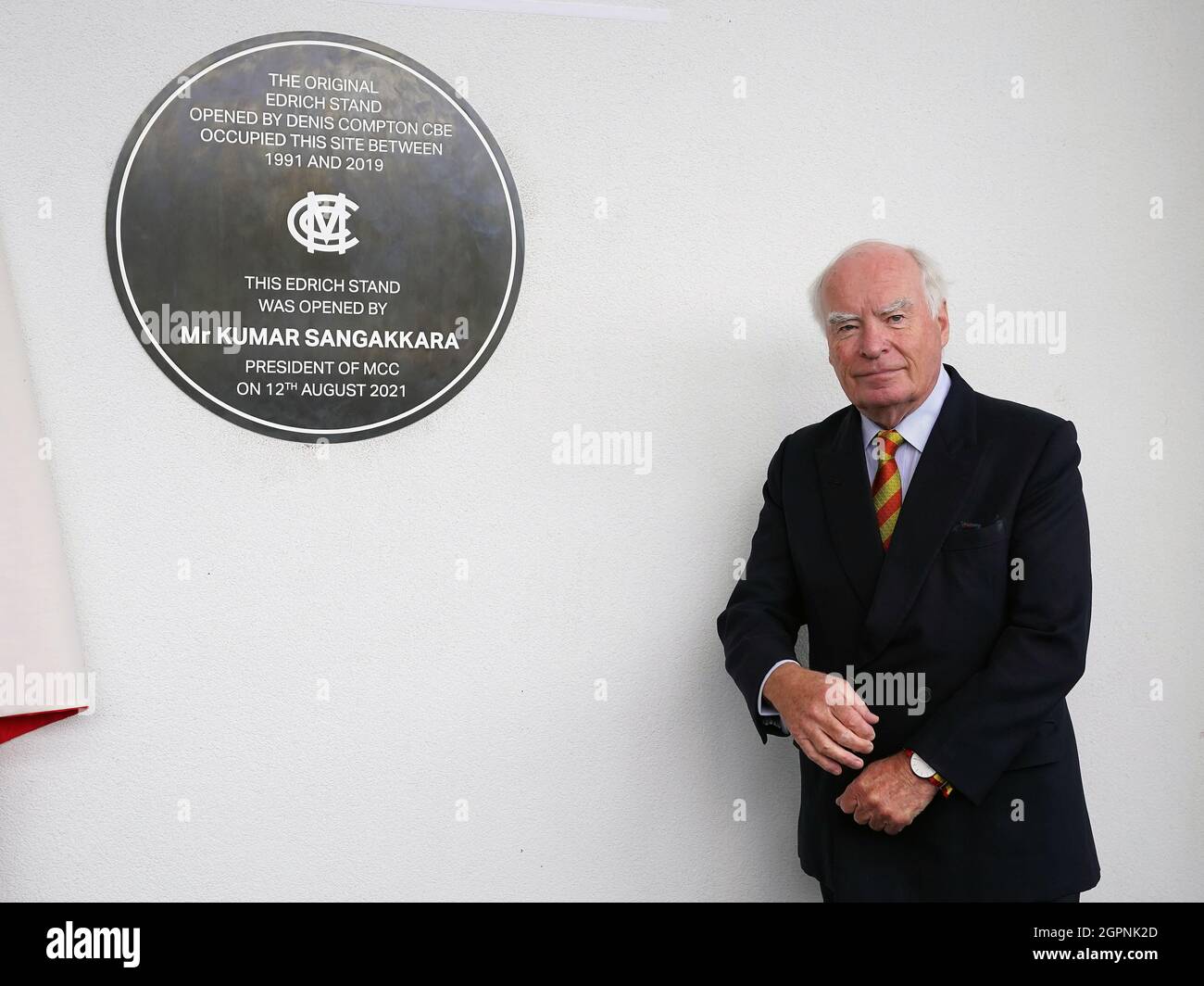 Outgoing MCC Chairman Gerald Corbett unveils the Edrich Stand during ...