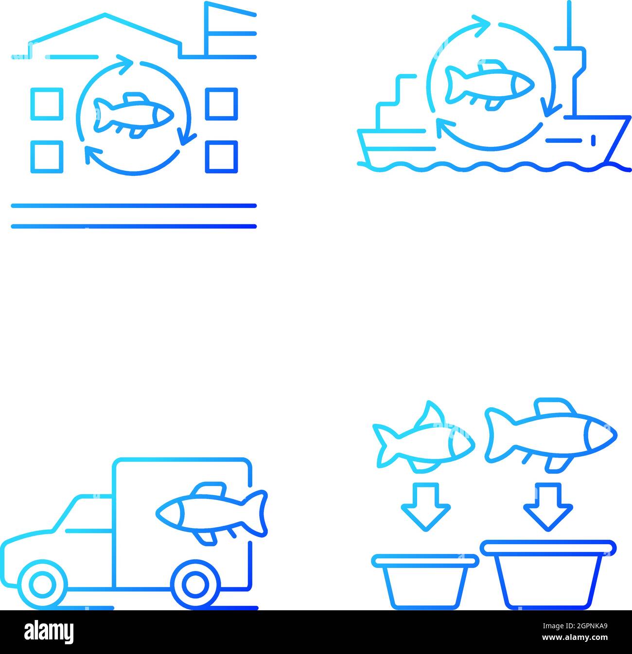 Fish processing and transportation gradient linear vector icons set ...
