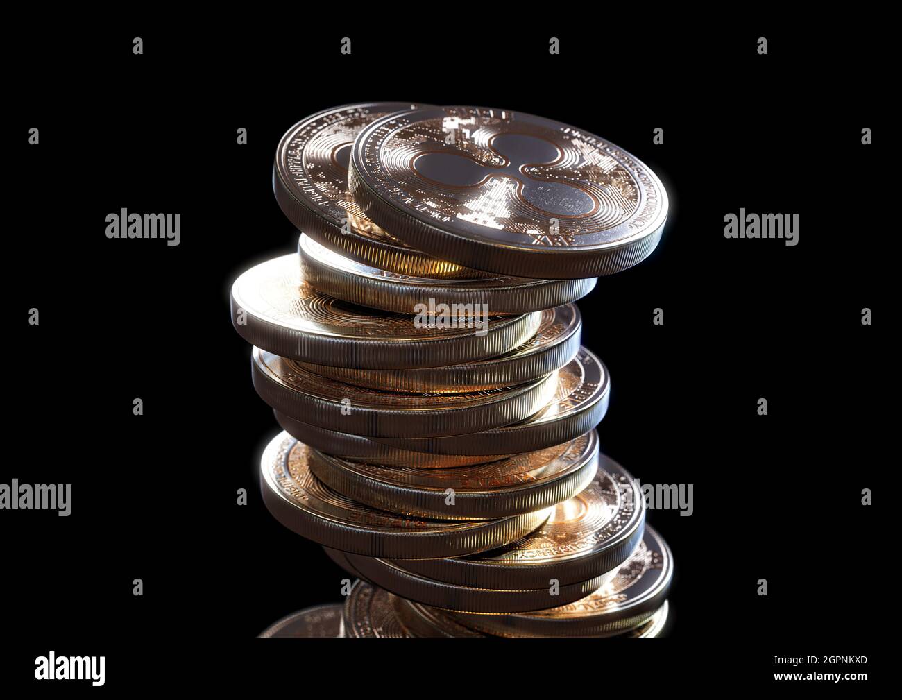 A crumbling and falling stack of gold physical ripple coins on a dark ...