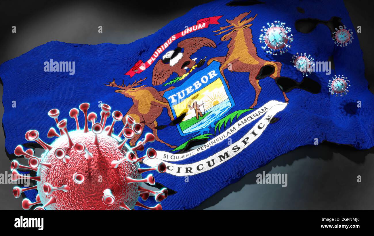 Covid in Michigan - coronavirus attacking a state flag of Michigan as a ...