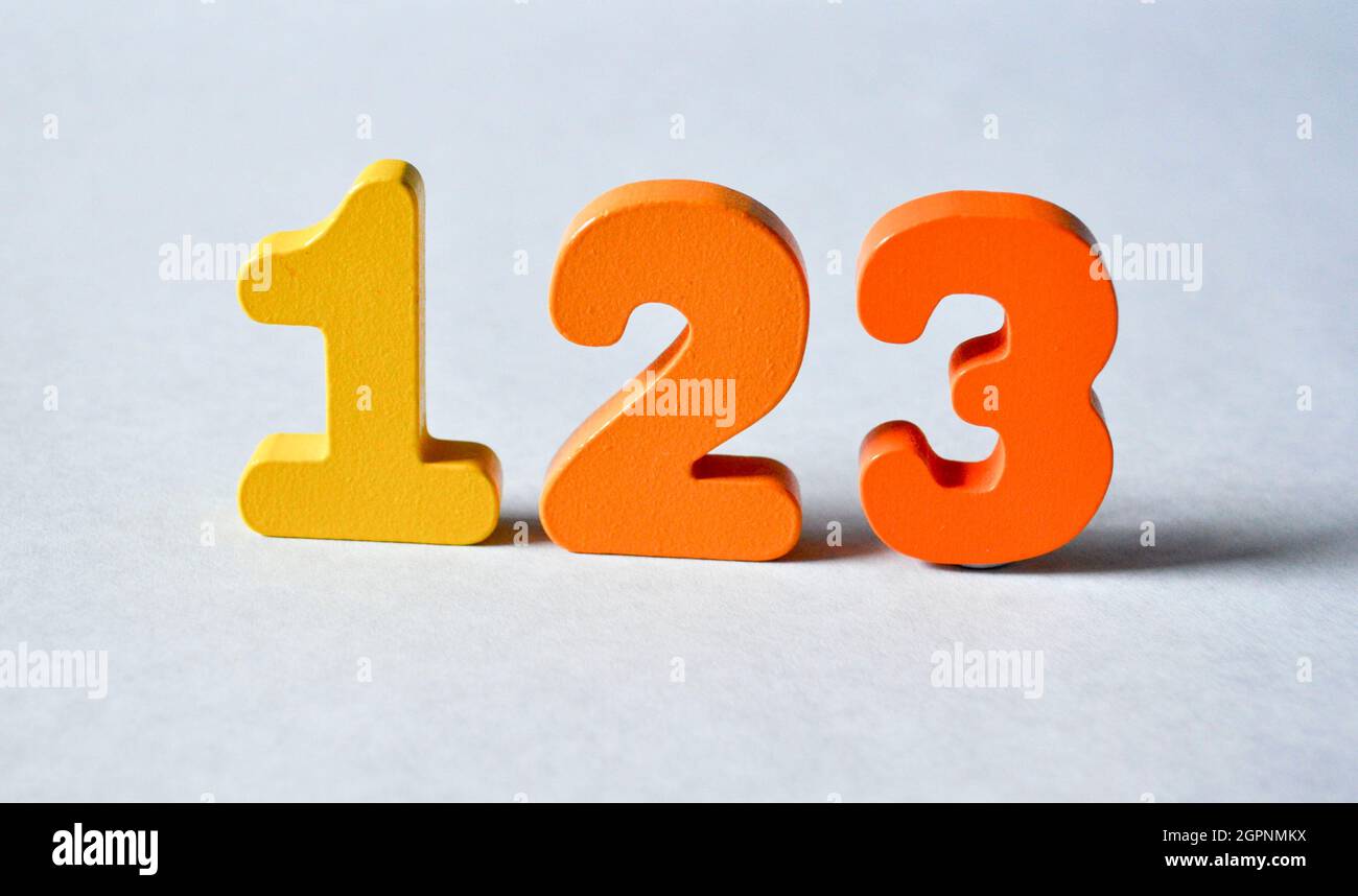 Wooden numbers 1, 2 and 3 set against a white background. The image is ...