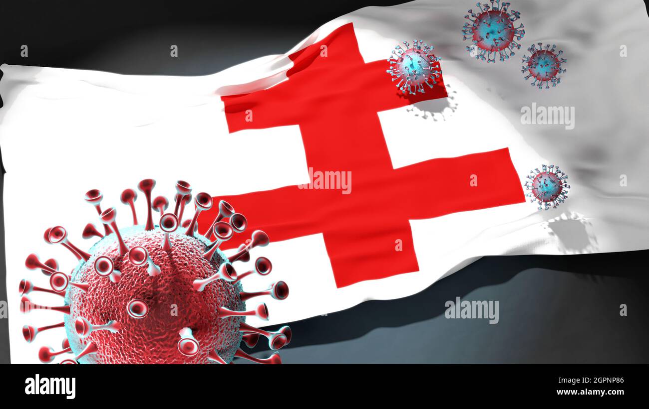 Covid in Ypres - coronavirus attacking a city flag of Ypres as a symbol ...