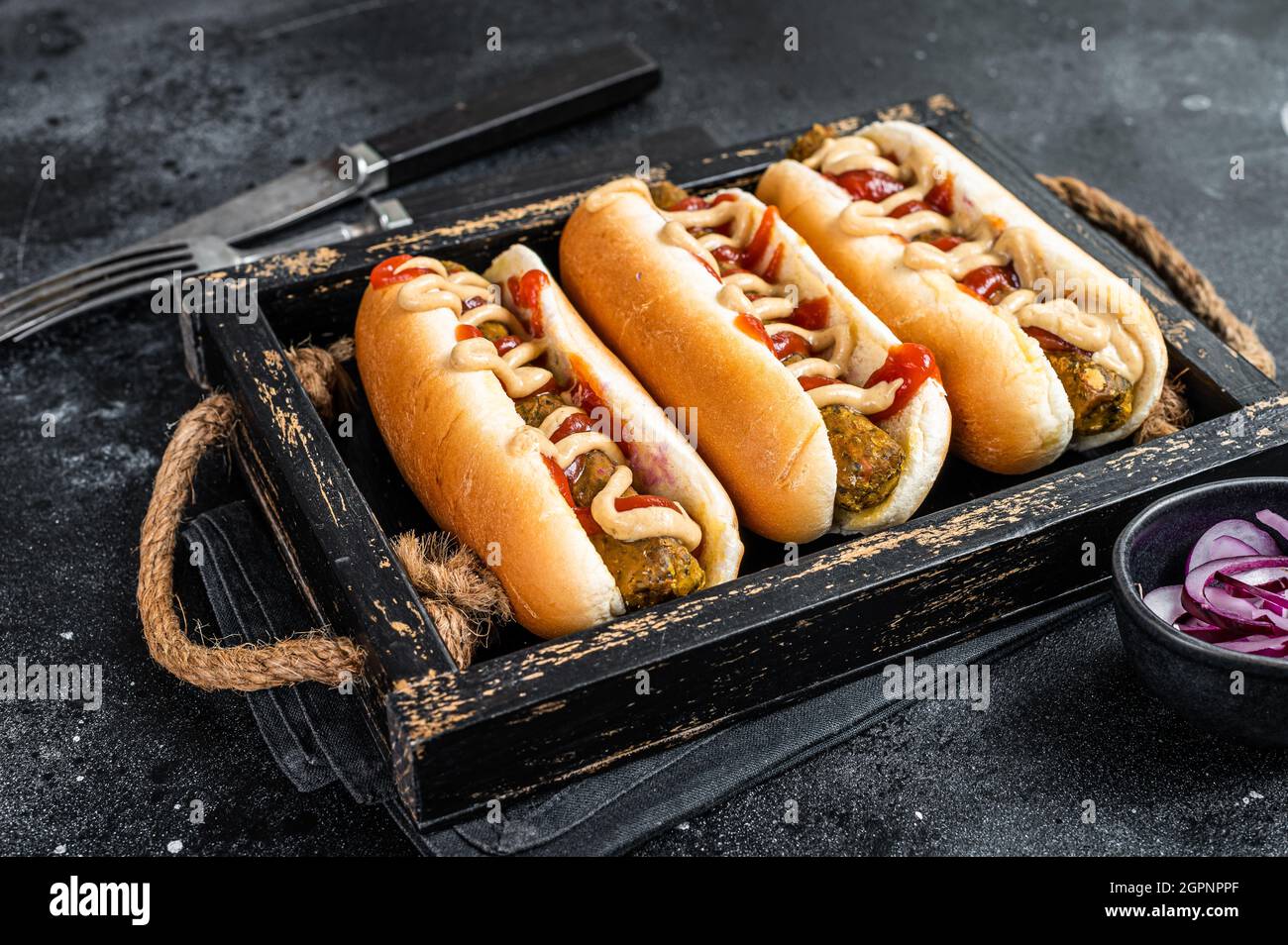 Vegan hot-dog with with assorted toppings and meatless Vegetarian ...