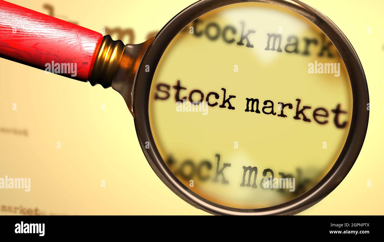 Stock market and a magnifying glass on English word Stock market to ...