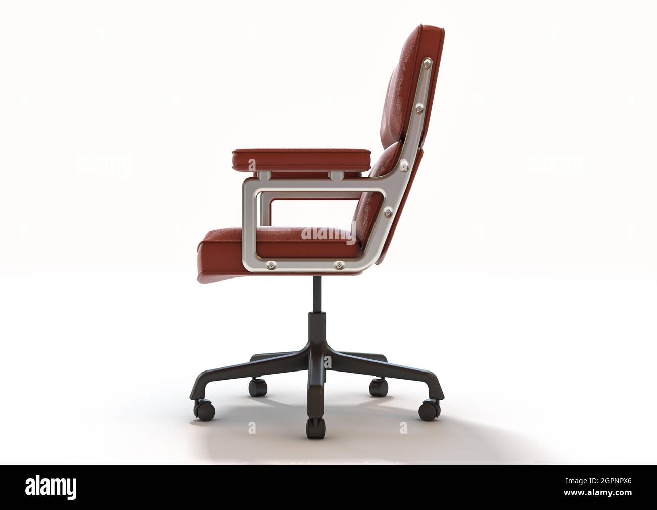 A fancy chrome office chair with cushioning covered in red leather on ...