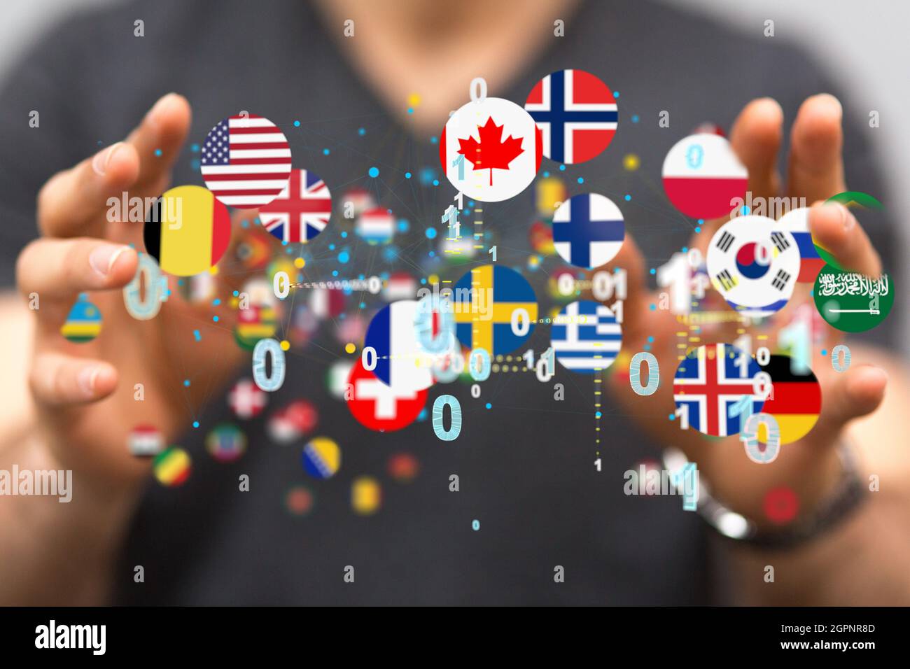 Closeup shot of a man touching the 3d rendered flags of different ...