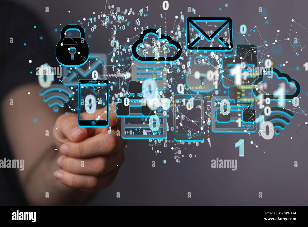 Illustration of the Internet data infrastructure concept near a hand ...