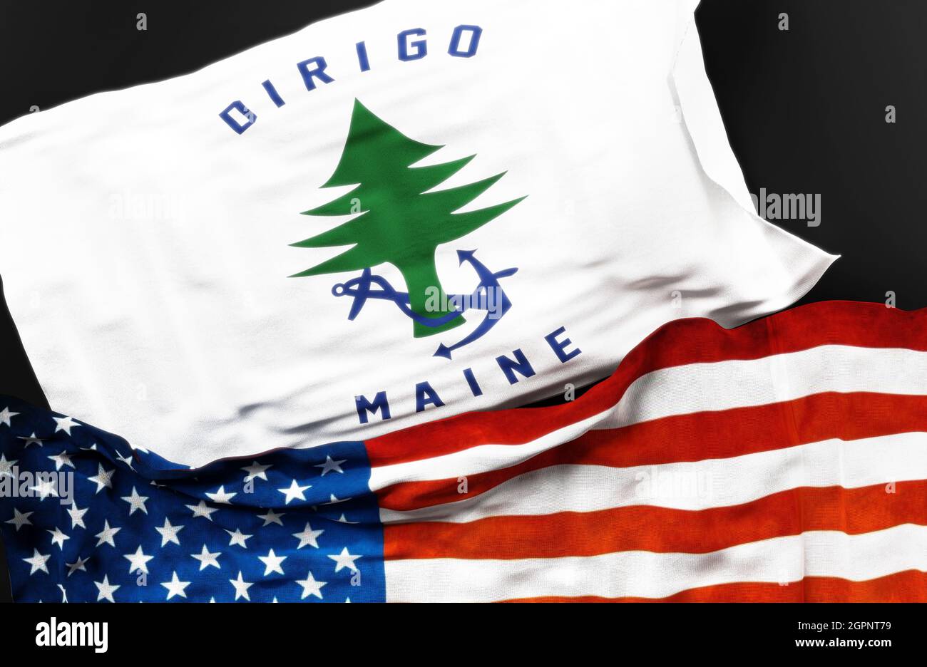Flag of Ensign of Maine along with a flag of the United States of ...