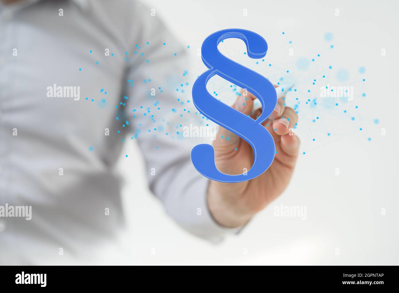 3d rendering of a blue law paragraph symbol touched by a hand on a ...