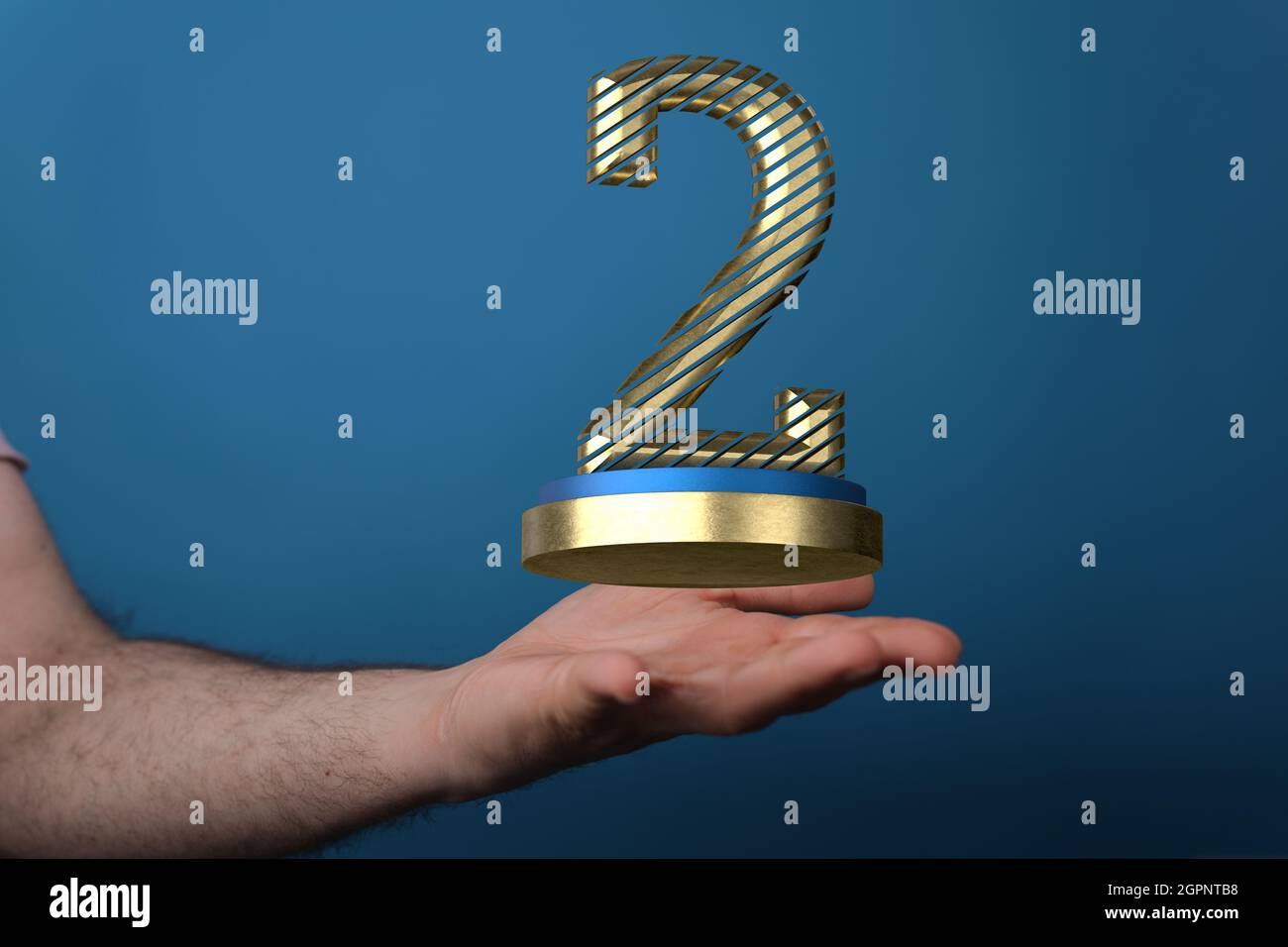 3d rendering of a striped second-place award in a human hand on a blue ...