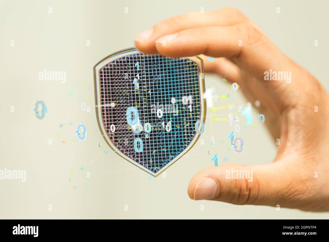 3d rendering of a cybersecurity shield in a binary coding held by a ...