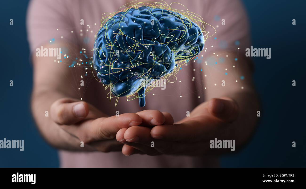 3d rendering of a brain floating above a hand Stock Photo - Alamy