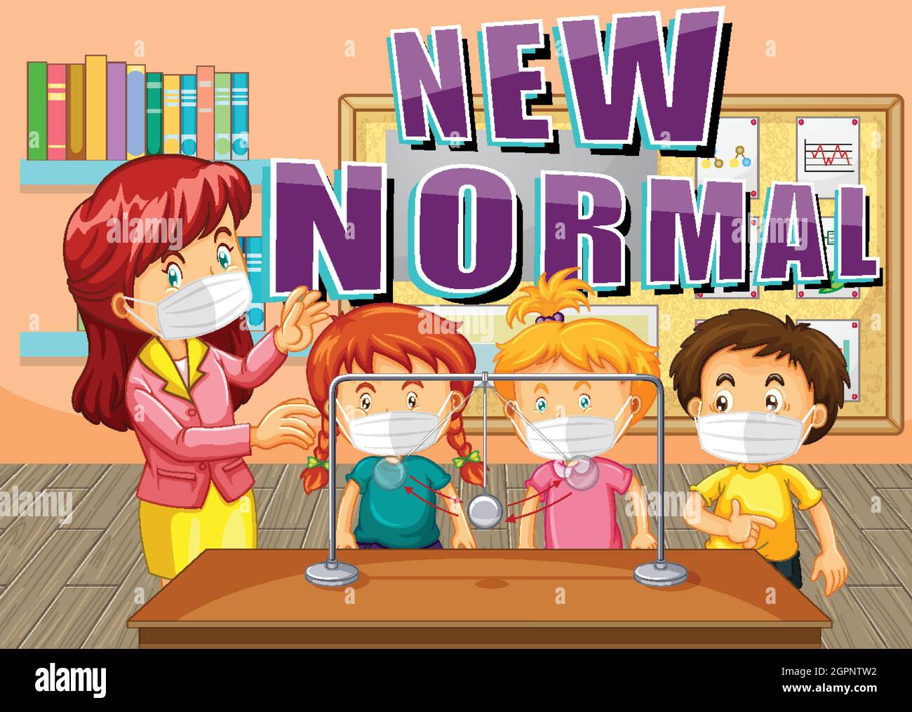 New Normal text design with students and teacher wearing face masks ...