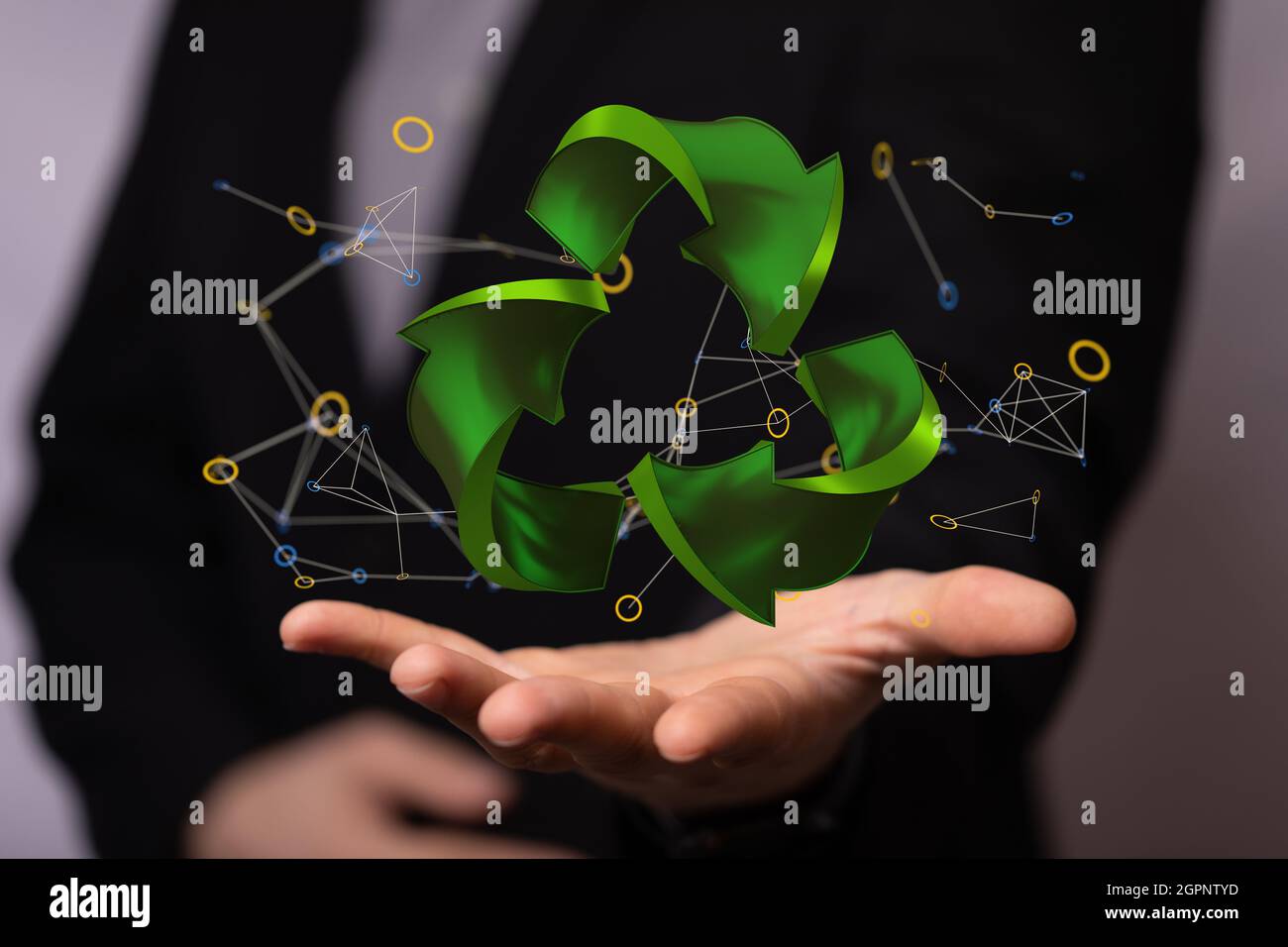 3d render of the recycling symbol above a hand Stock Photo - Alamy