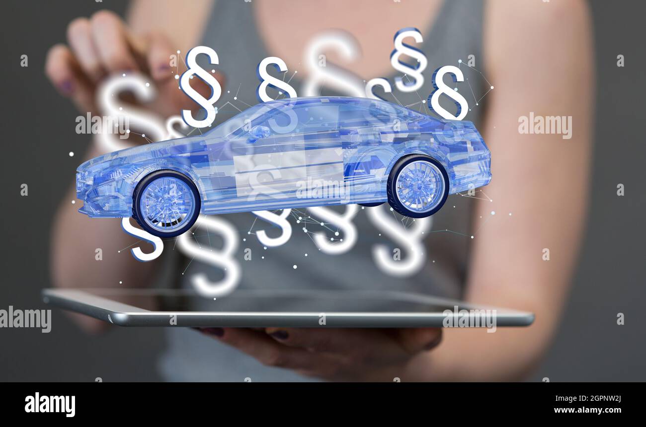3D rendering of a car and paragraph symbols; car insurance and safety ...