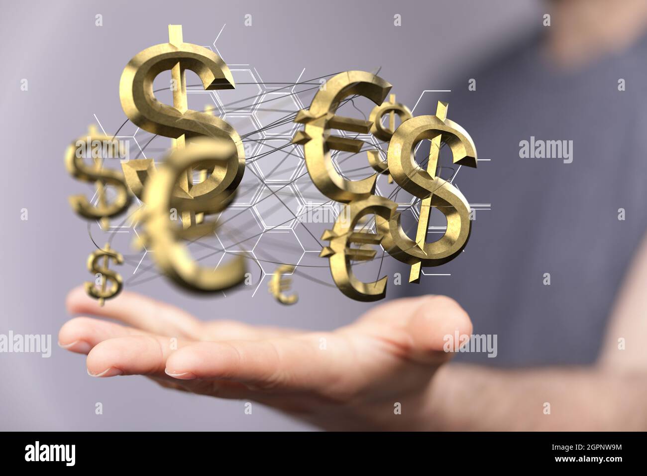 3d rendering of the dollar and euro symbols floating above a hand Stock ...
