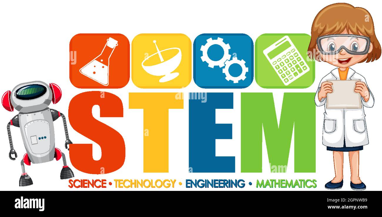 Scientist girl cartoon character with STEM logo banner illustration ...