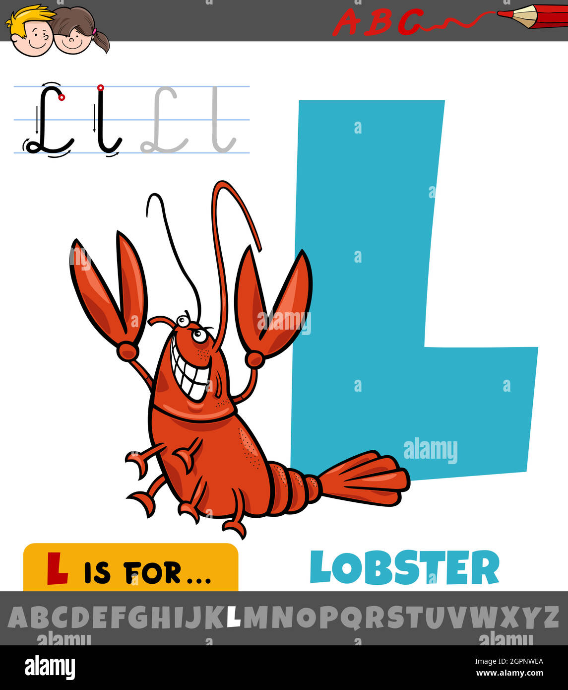 letter L from alphabet with cartoon lobster animal character Stock ...