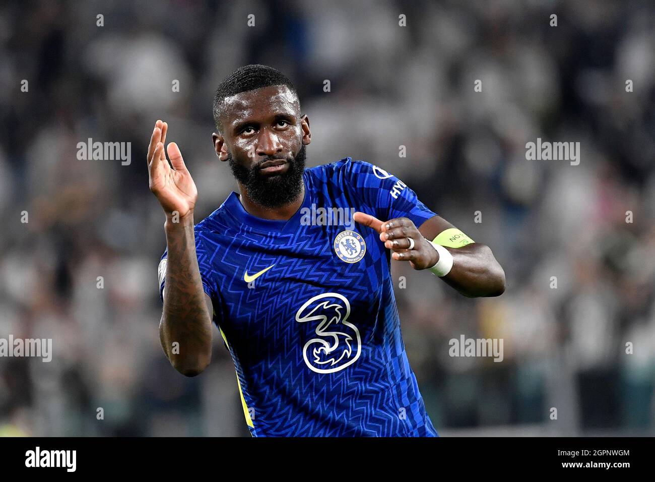 Torino, Italy. 29th Sep, 2021. Antonio Rudiger of Chelsea waves the ...