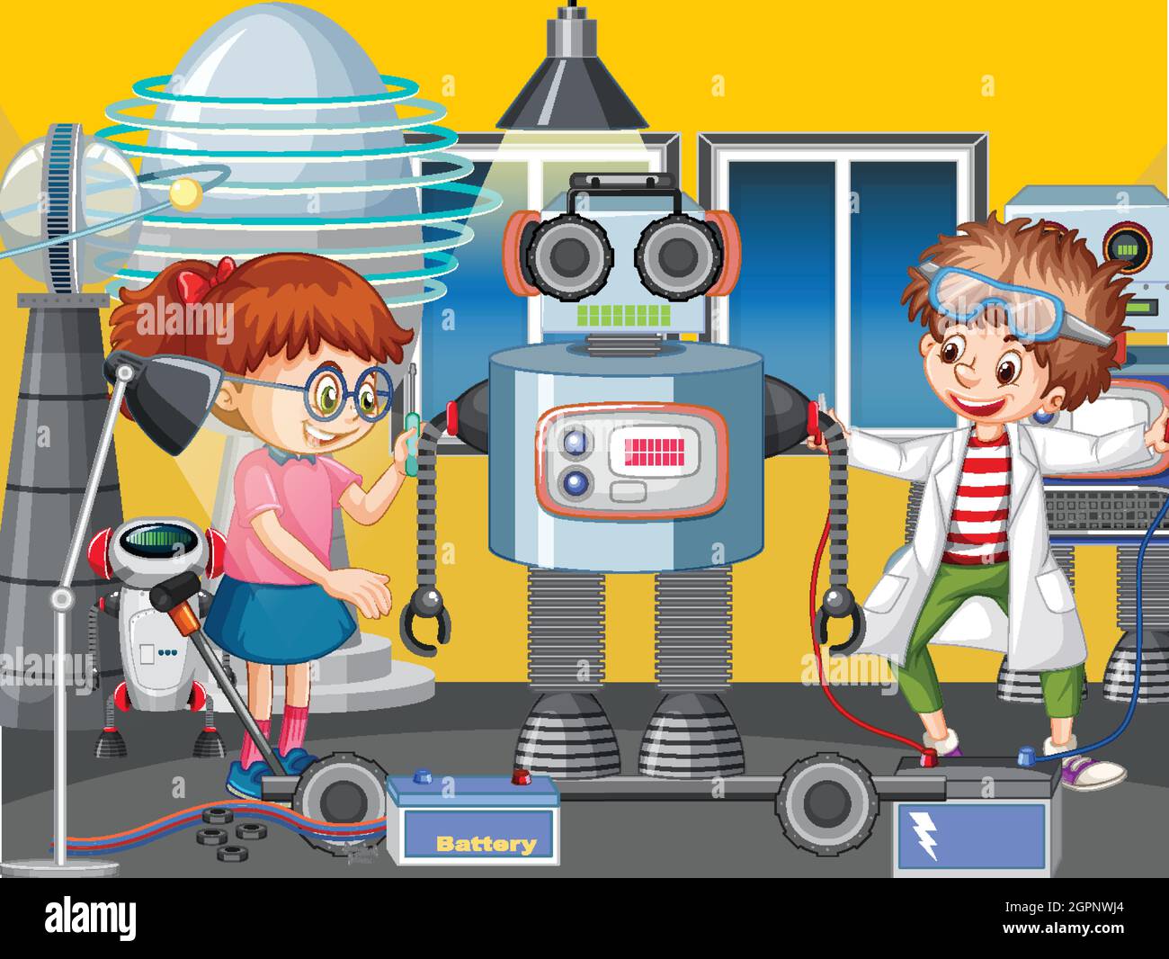 Scene with children building robot together illustration Stock Vector ...