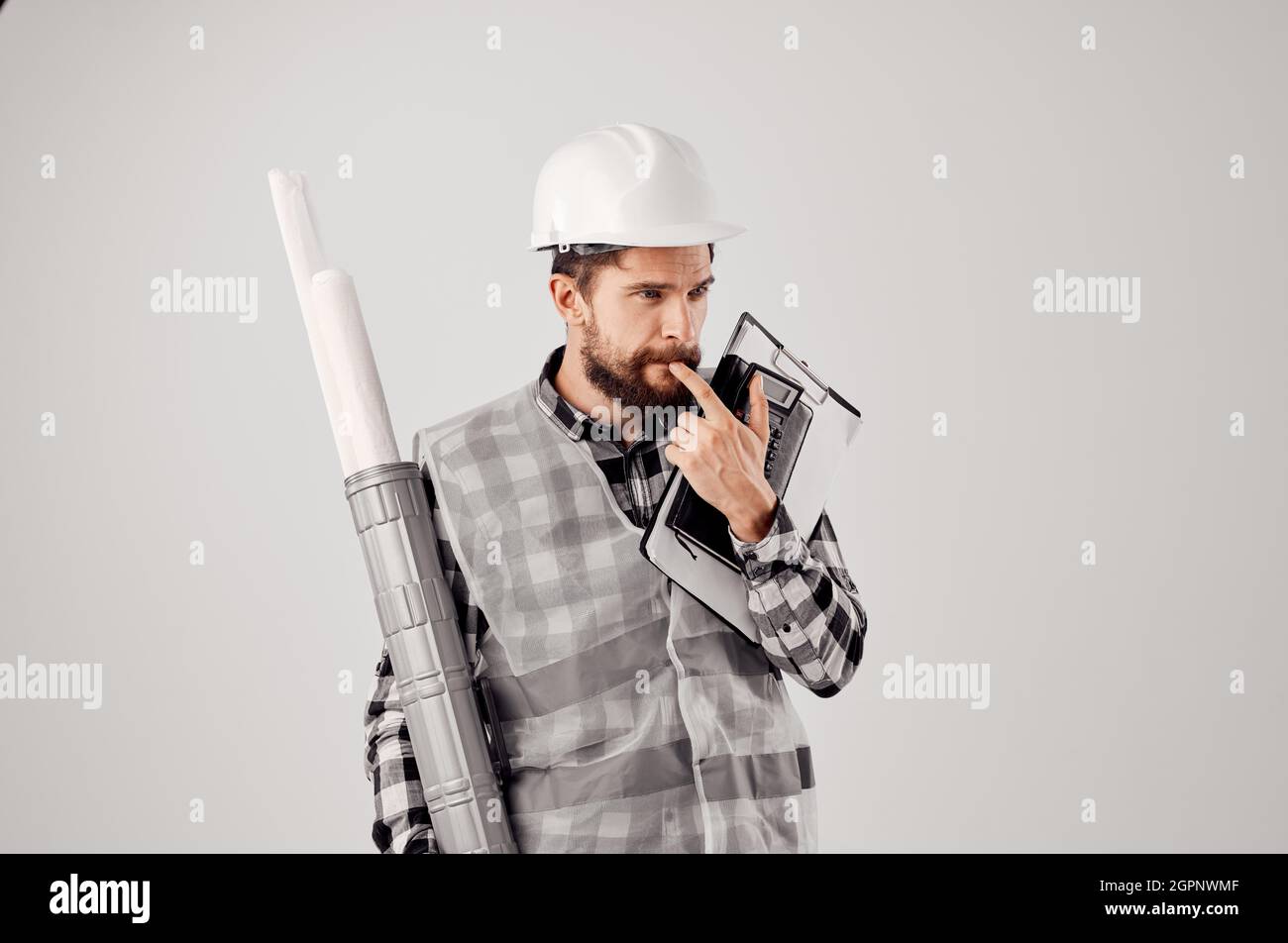 engineer with documents and drawings blueprints studio industry Stock ...