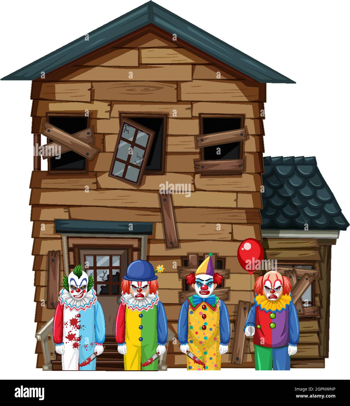 Creepy clowns standing in front of an abandoned house illustration ...