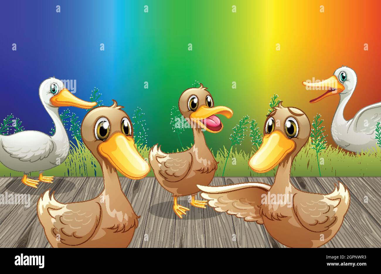 Many ducks cartoon character on rainbow gradient background ...