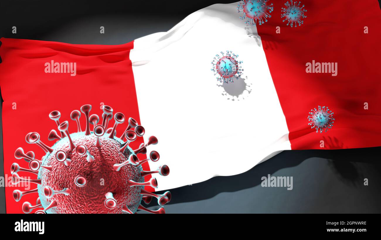 Covid in Mons - coronavirus attacking a city flag of Mons as a symbol ...