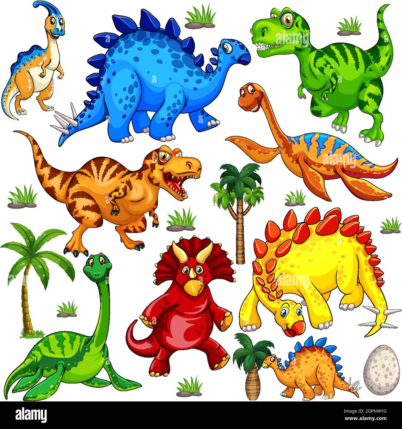 Set of isolated various dinosaurs cartoon character on white background ...