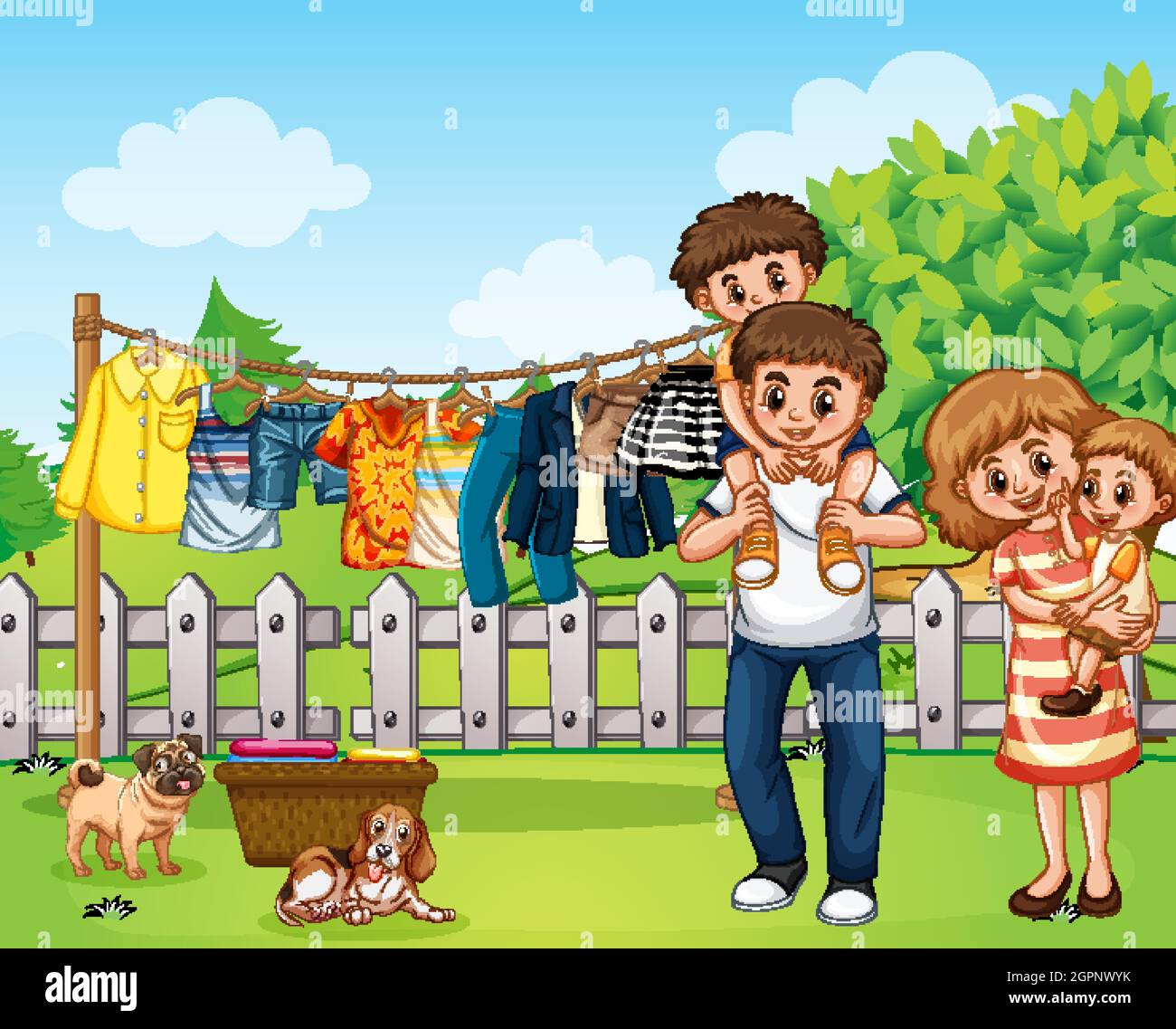 Outdoor scene with happy family playing with their dogs illustration ...