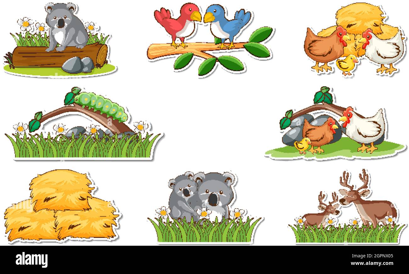 Sticker set with different wild animals and nature elements ...