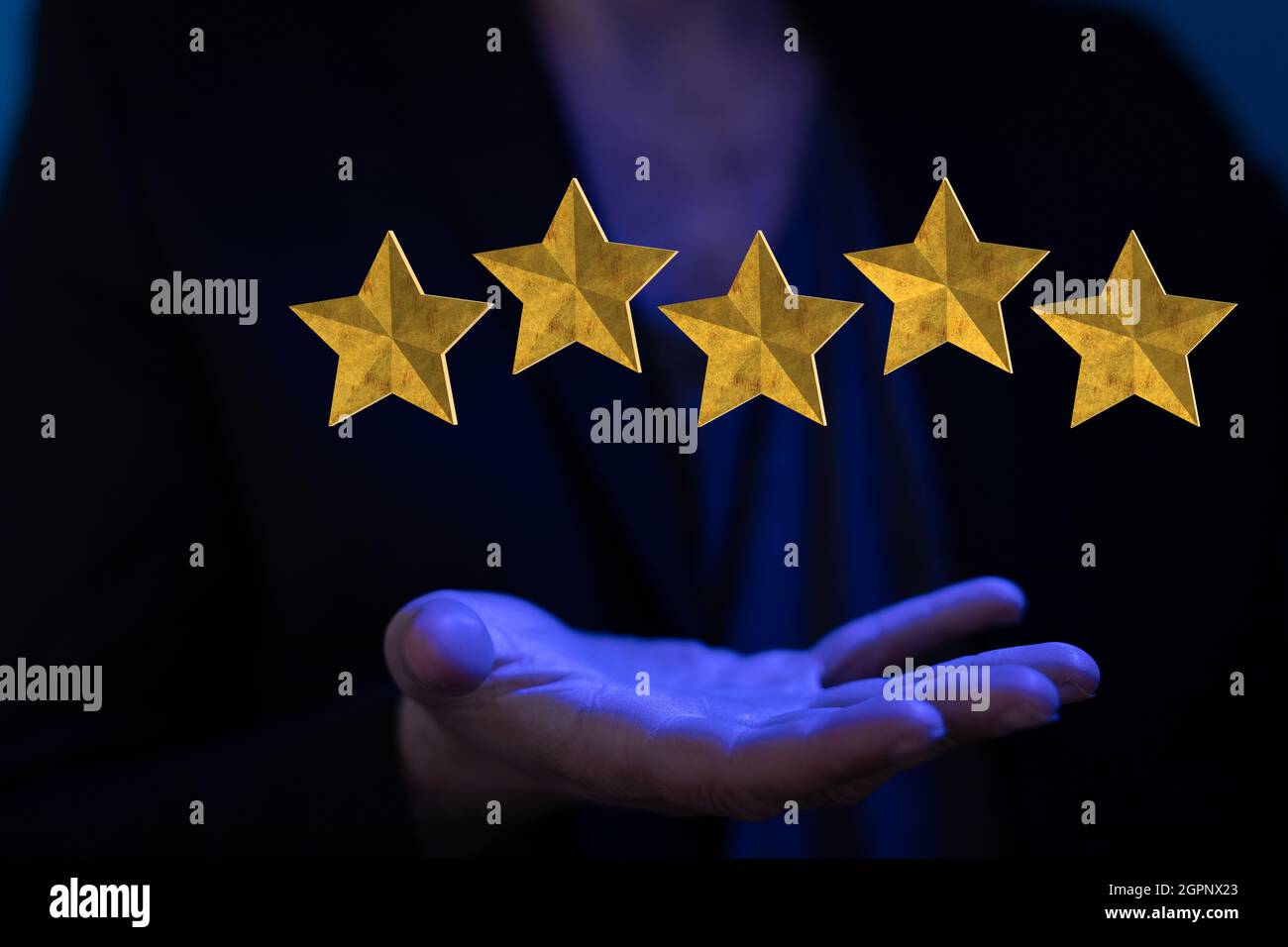 3d rendering of five stars rating golden concept over a human hand ...