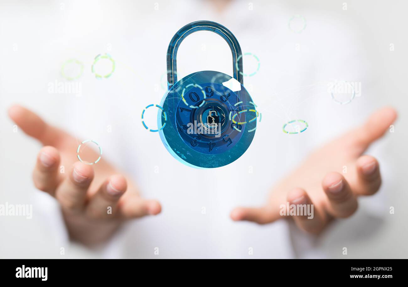 3D rendering of virtual lock; cybersecurity and information or network ...