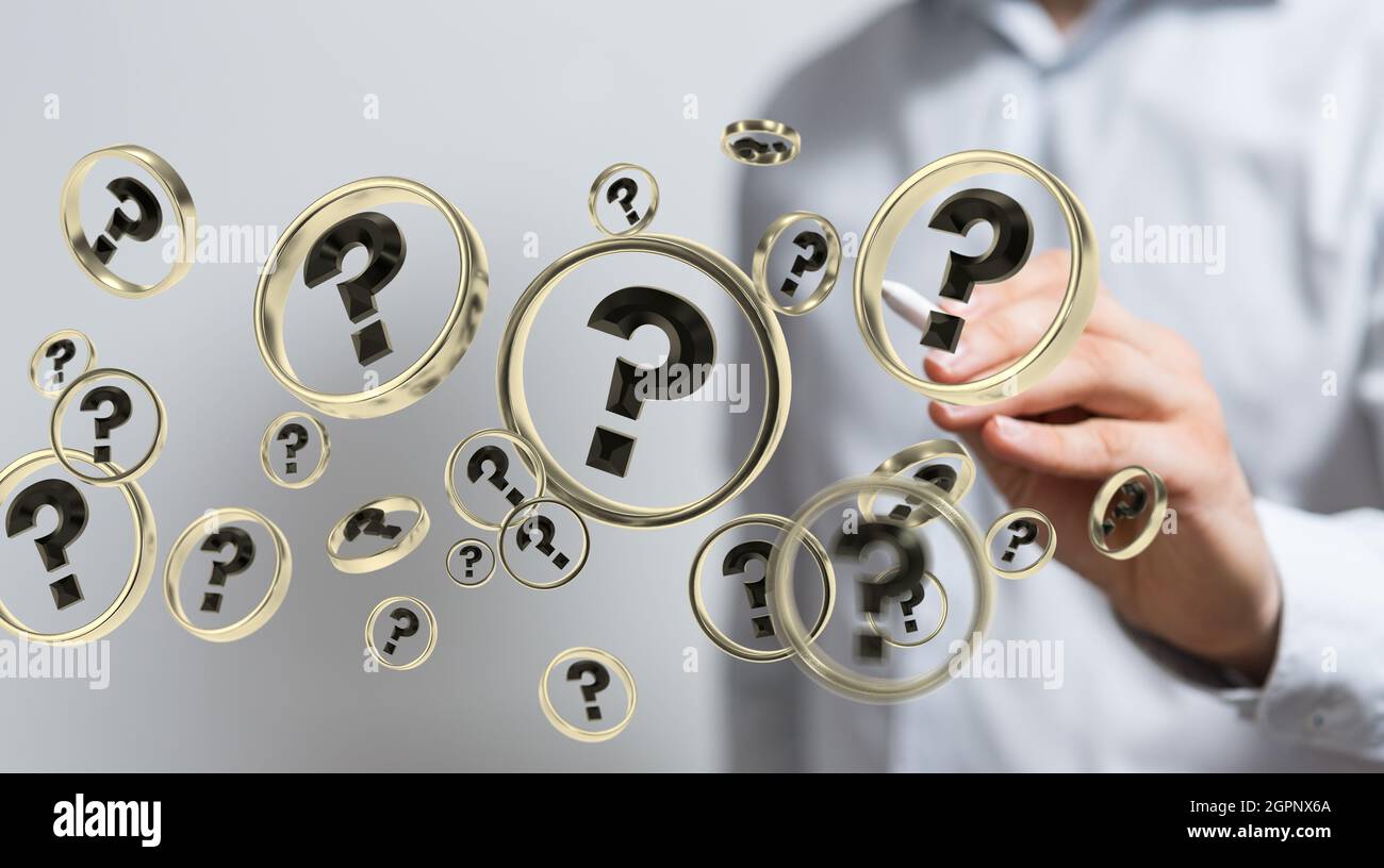 3d rendering of black question marks in beige circles touched by a pen ...