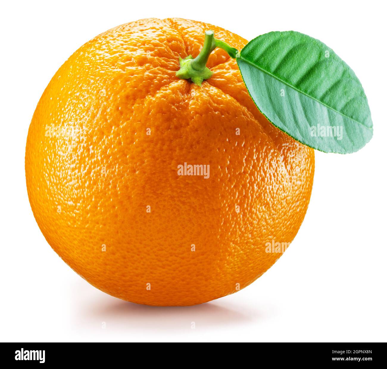 One ripe orange fruit with green leaf on white background. File ...
