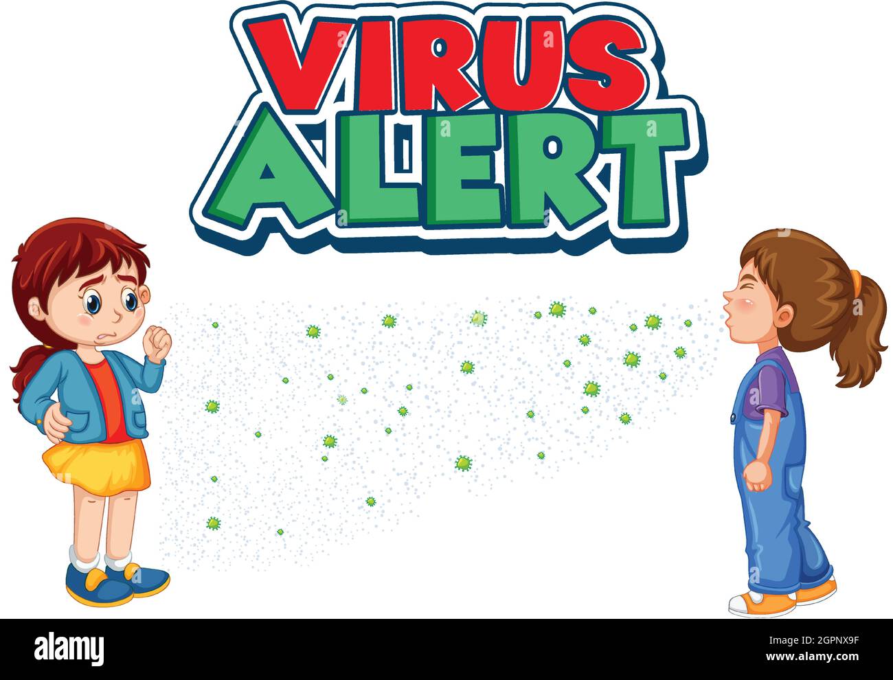Virus Alert font design with a girl looking at her friend sneezing ...