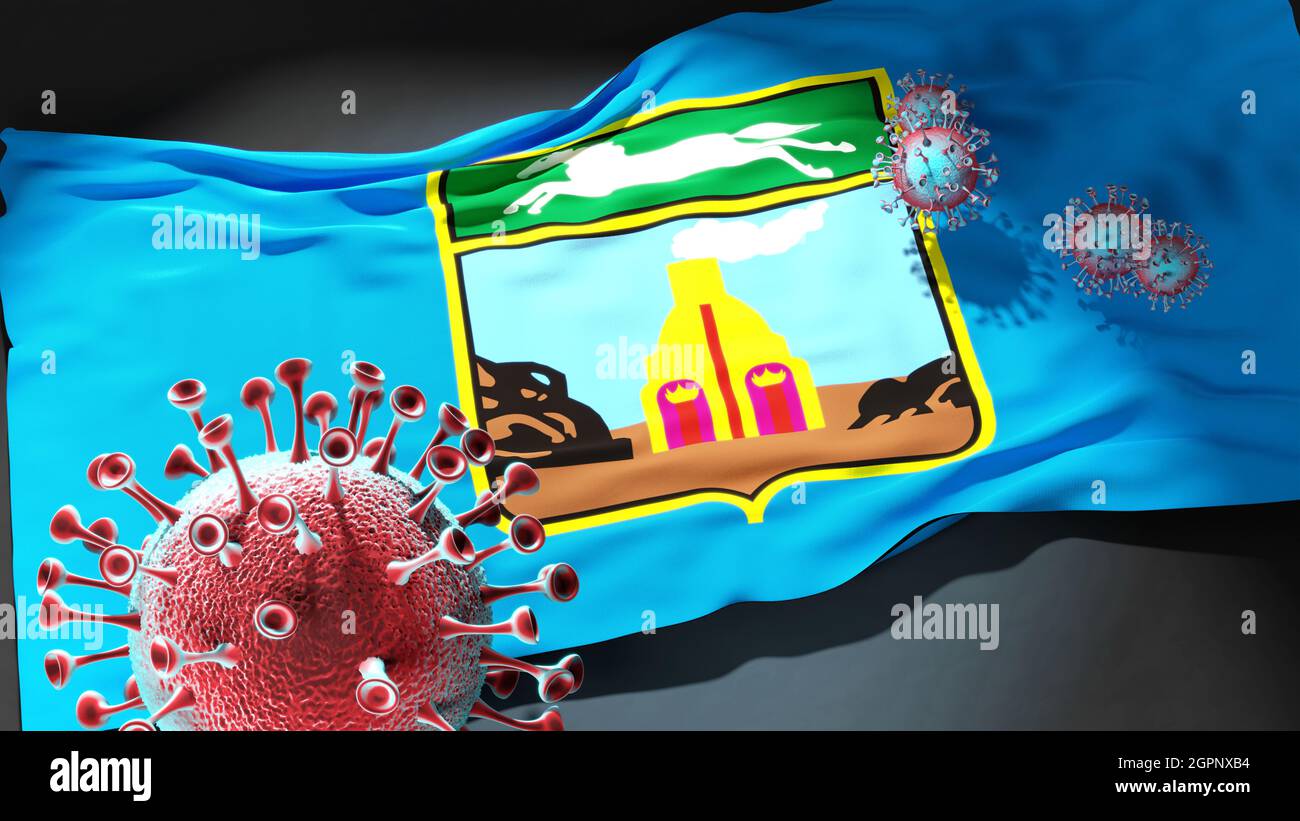 Covid in Barnaul - coronavirus attacking a city flag of Barnaul as a ...