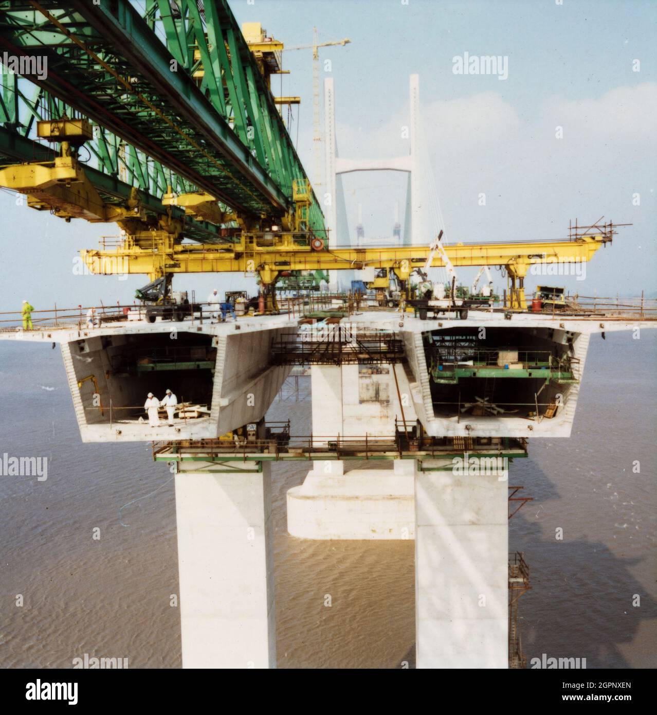 A view of bridge deck units being installed during the construction of ...