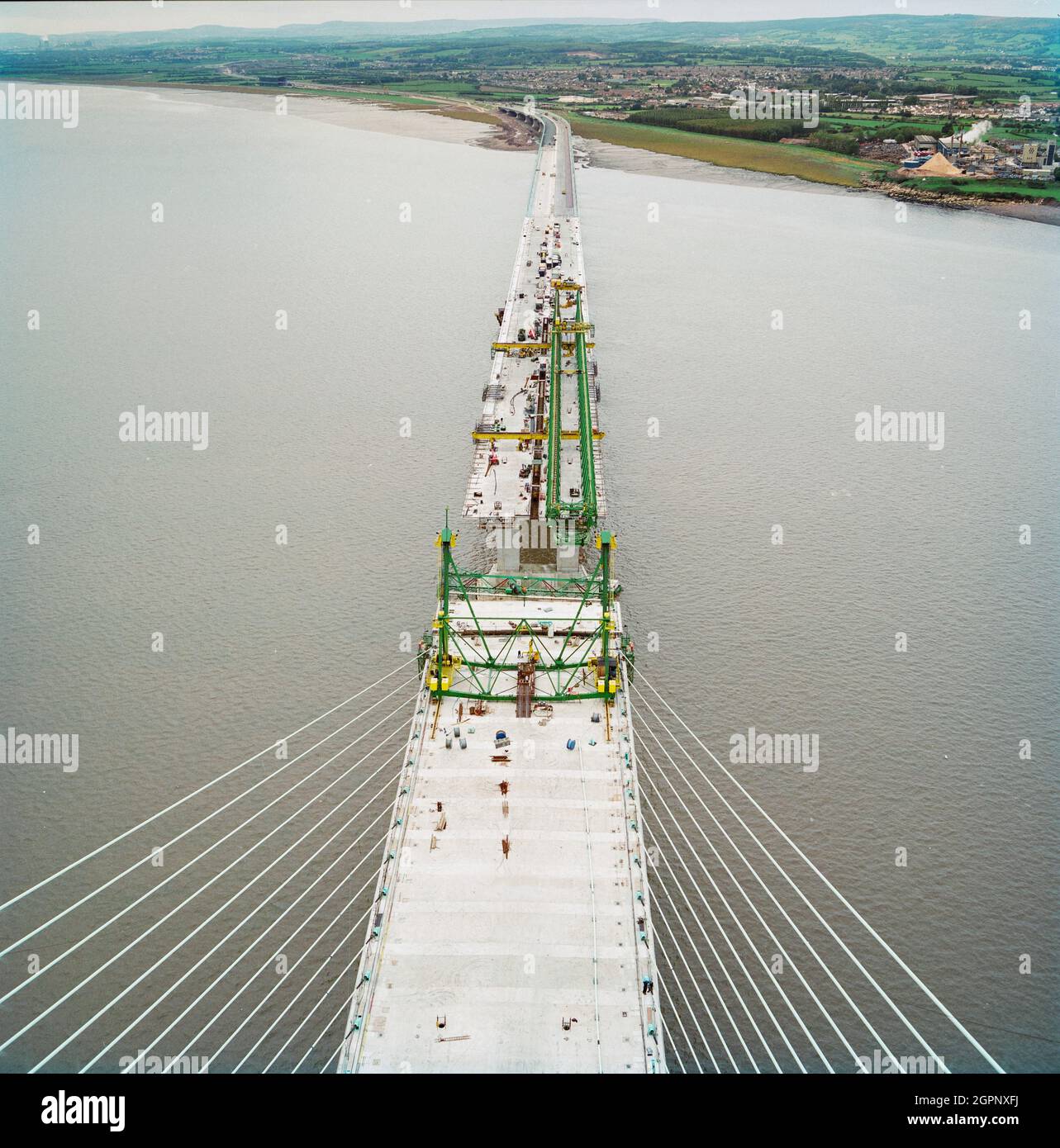 A view looking west from the top of a bridge pylon during the ...