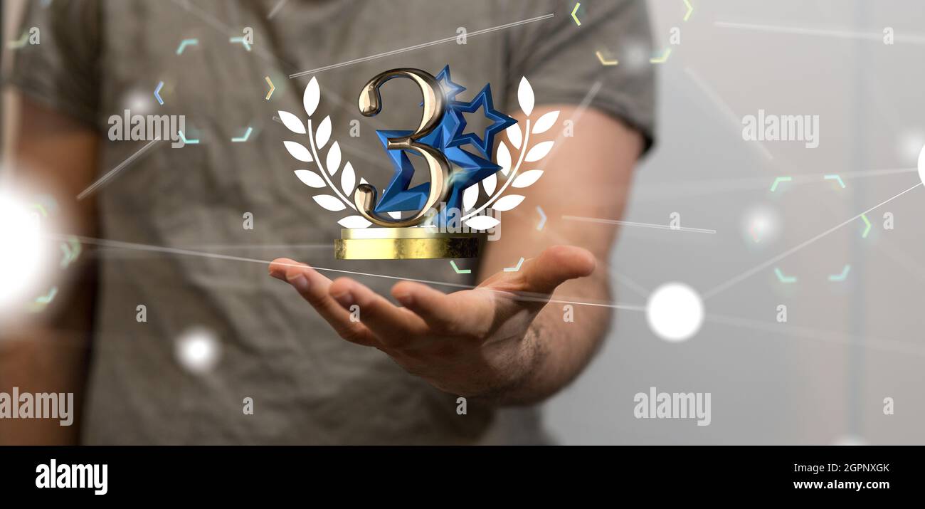 3d rendering of a third-place award with a laurel wreath and blue stars ...