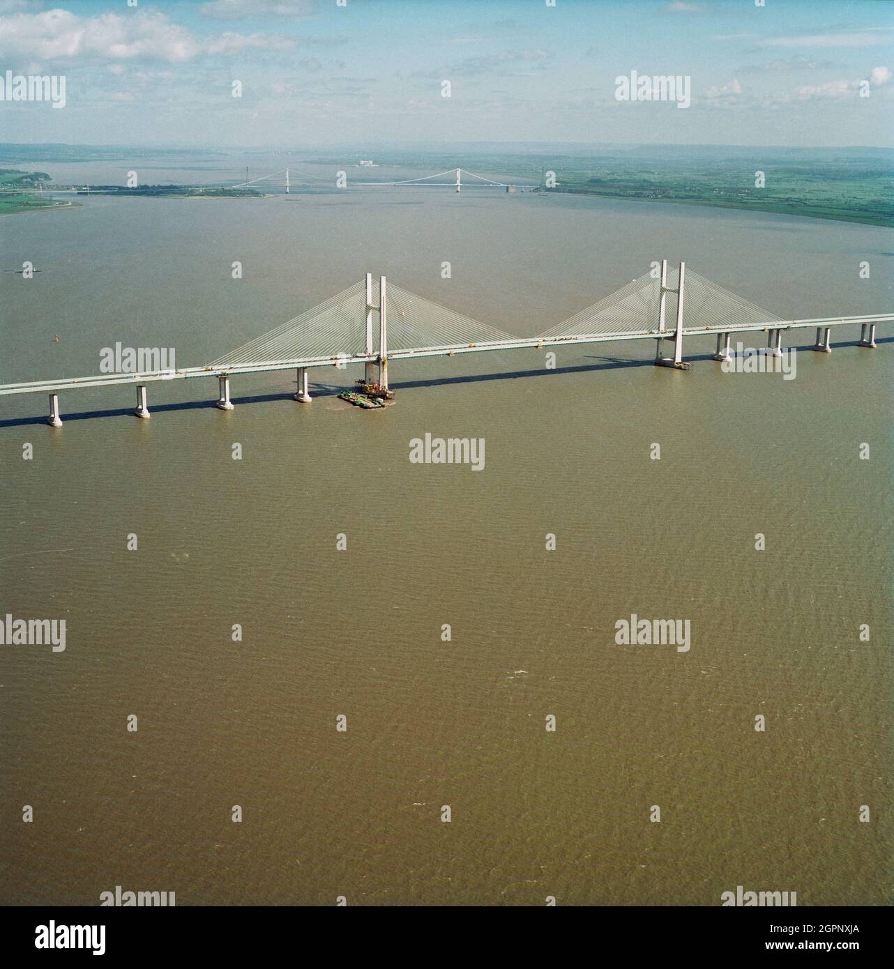 An aerial view looking north-east along the River Severn, showing the ...