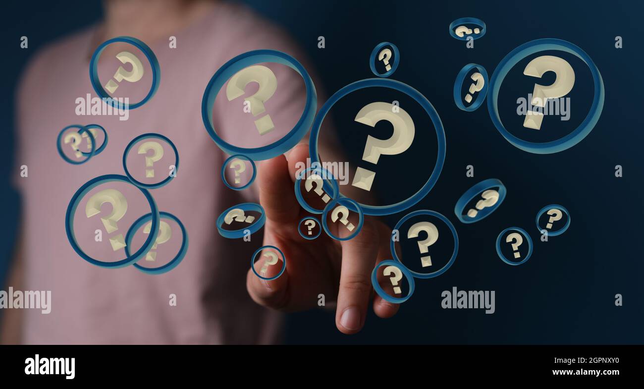 3d rendering of beige question marks in blue circles touched by a hand ...