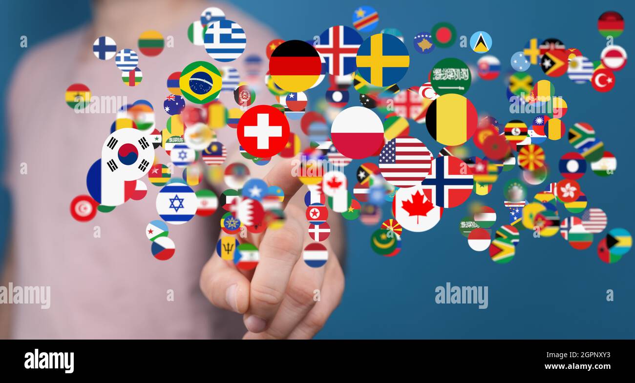 3d rendering of different national flags touched by a human hand on a ...