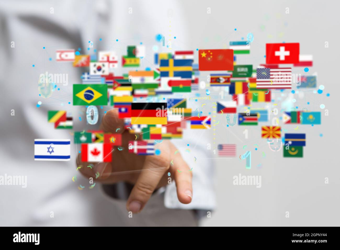 3D rendering of a virtual world map with all states and their flags ...